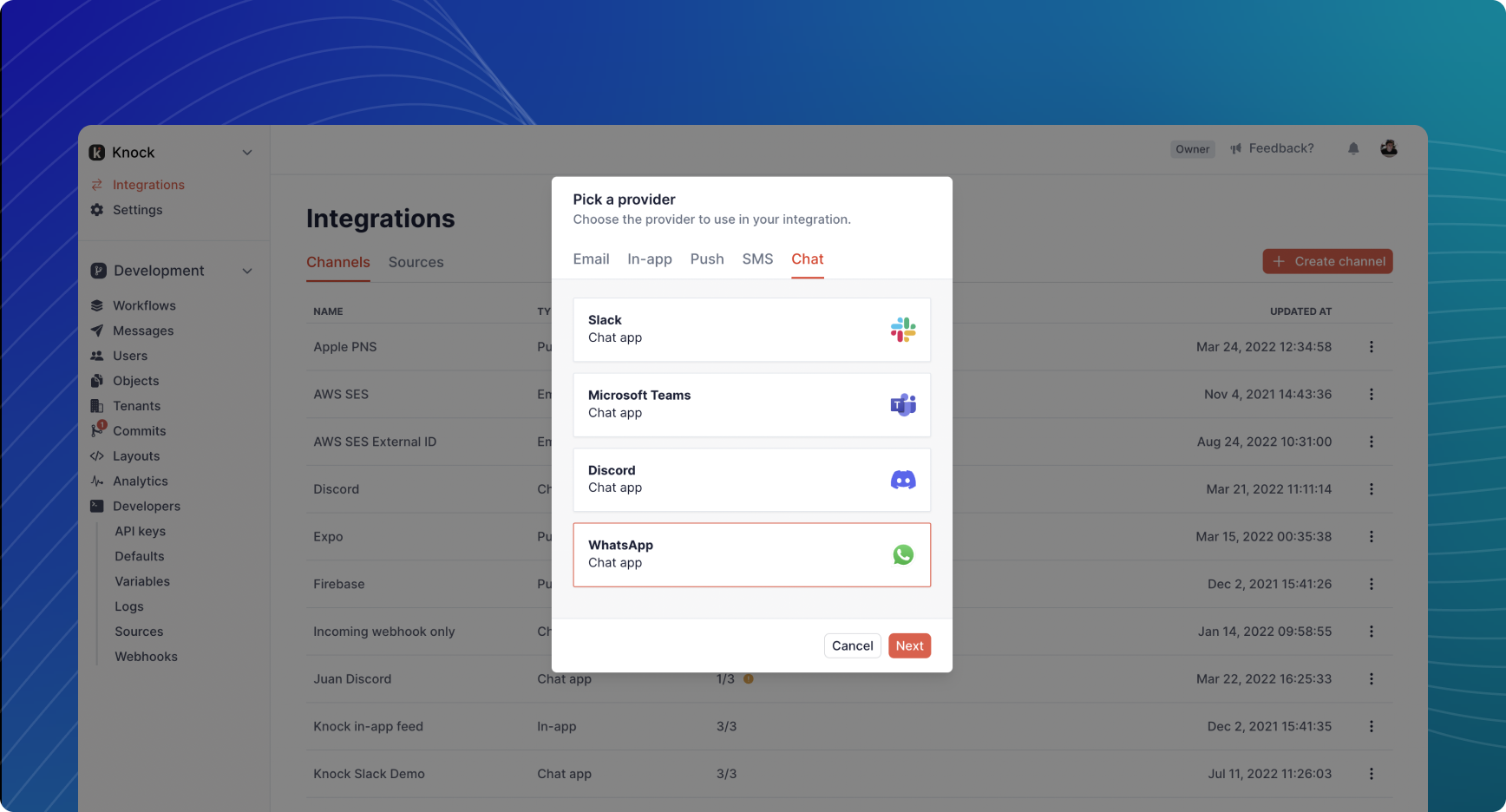 WhatsApp provider and a new Vercel integration | Changelog 2022-10-28 | Knock