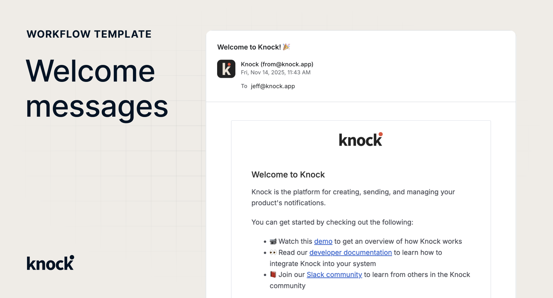 Build welcome notifications | Knock